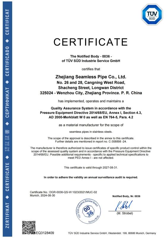 PED / AD 2000 - Zhejiang Seamless Pipe Co., Ltd.