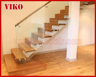 China Floating Staircase VK50C Tempered Glass LED Light strip StringerBeech Tread American Oak  StringerStainless Steel Powder for sale