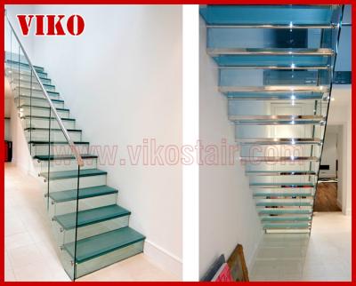 China Floating Staircase VK51CTemperedGlass12mm Tread Glass LED Light strip StringerBeechTread StringerStainless Steel Powder for sale