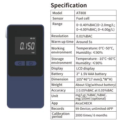 China AT808 Portable Alcohol Tester with Advanced Fuel Cell Sensor Bluetooth Connectivity to AlcoCHECK App Large LCD Display for sale