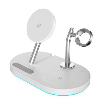 China Mobile phone A23 four-in-one magnetic folding wireless charger ABS+silicone+aluminum alloy+acrylic mirror+plating material with night light for sale