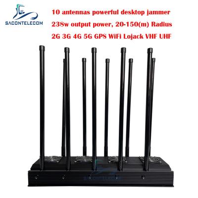 China 10 Channels Mobile Phone Signal Jammer 238w High Power For 5G Wifi GPS Lojack VHF UHF for sale