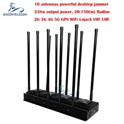 China 10 Channels Mobile Phone Signal Jammer 238w High Power For 5G Wifi GPS Lojack VHF UHF for sale