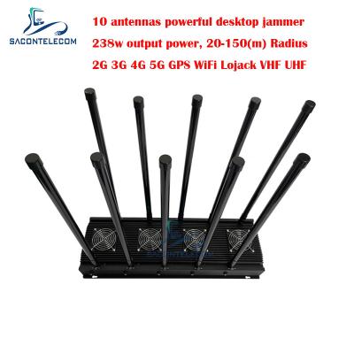 China 10 Channels Mobile Phone Signal Jammer 238w High Power For 5G Wifi GPS Lojack VHF UHF for sale