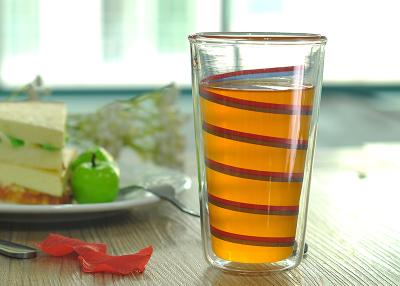 China Elegant Double Wall Borosilicate Glass Ribbon Decal Inside Decoration Glass Juice Cups for sale