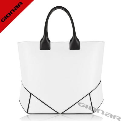 China White Smooth Leather Tote Handbags / Stitching Large Leather Shopper Tote for sale
