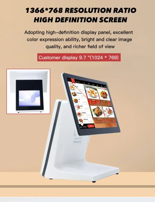 15.6+9.7 Inch Dual Screen All-in-One POS Cash Register Rk3568 WiFi 8+128g 58mm Printer with COM Interface Analytical Statement