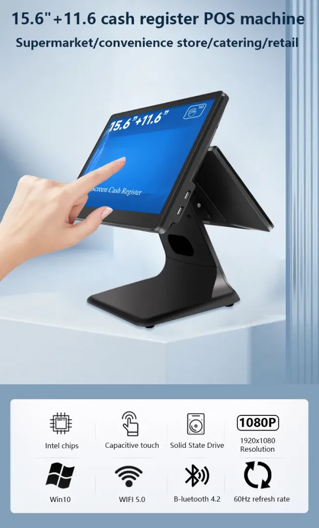 Factory Custom 11.6 15.6inch Dual Screen Touch All in One POS Machine Cash Register Terminal POS System Optional Printer Barcode Scanner Retail Store Checkout
