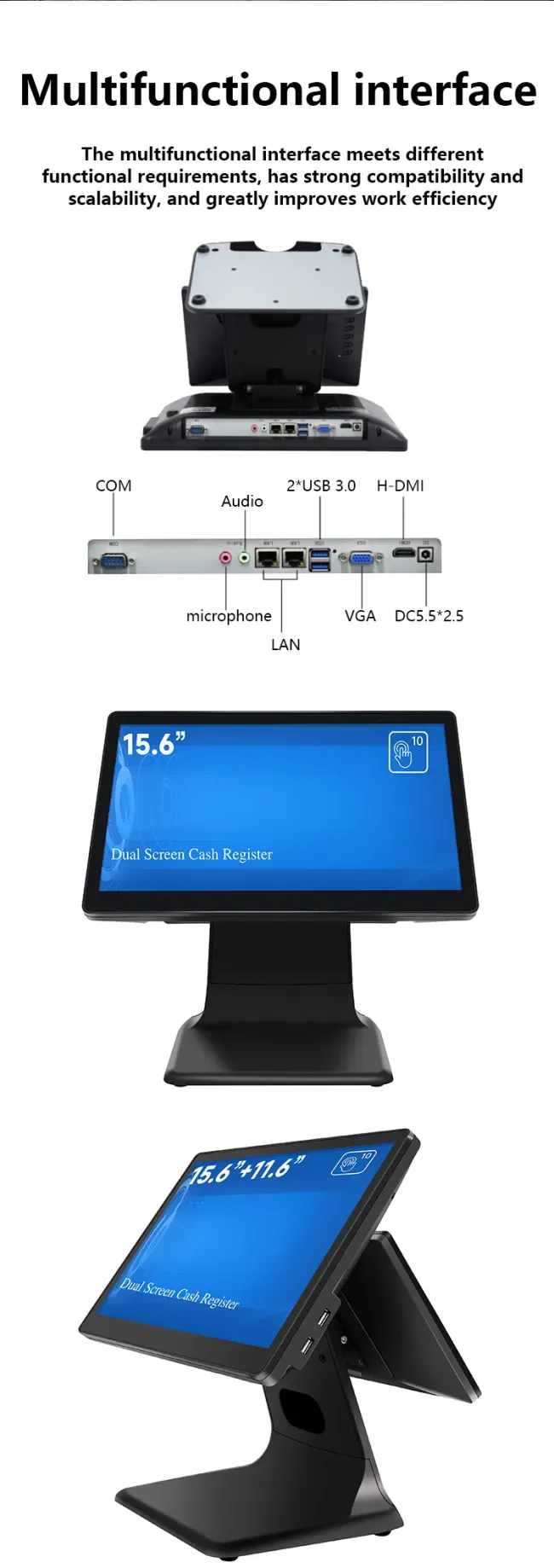 Factory Custom 11.6 15.6inch Dual Screen Touch All in One POS Machine Cash Register Terminal POS System Optional Printer Barcode Scanner Retail Store Checkout