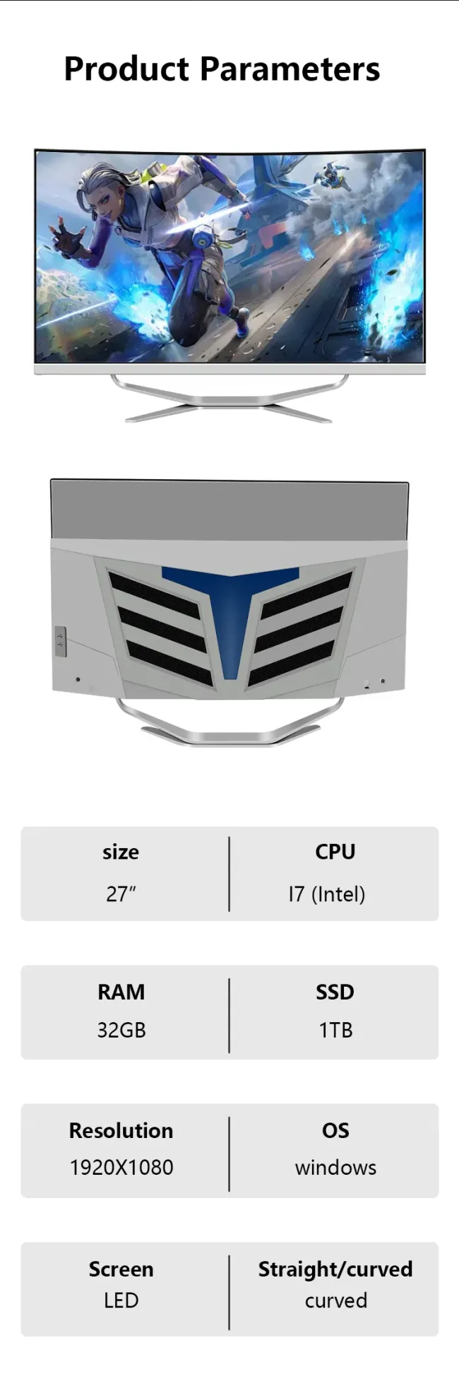 27-Inch Curved All-in-One PC Cheap Intel Core I3 I5 I7 Desktop 16GB Video Memory New LCD Display Au for Office Business Working