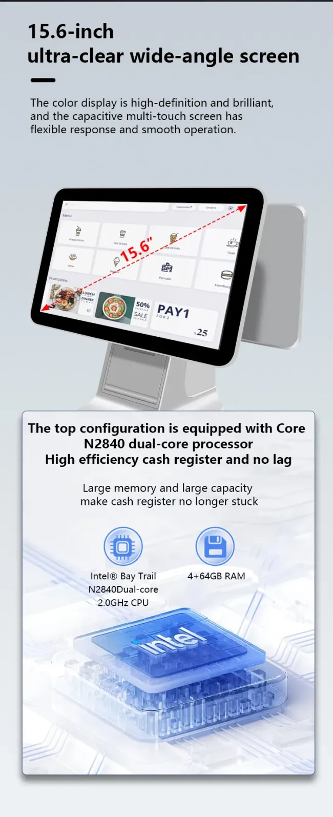 Hot Selling 15.6 Inch All in One POS Systemterminal Dual Touch Screen Win Dows Cash Register for Coffee &amp; Retail Shop