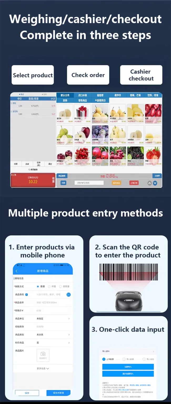 OEM Dual Screen Touch POS System with New Ai Digital electronic Weight Scale Electronic Cash Register and Fruit Weighing Printer