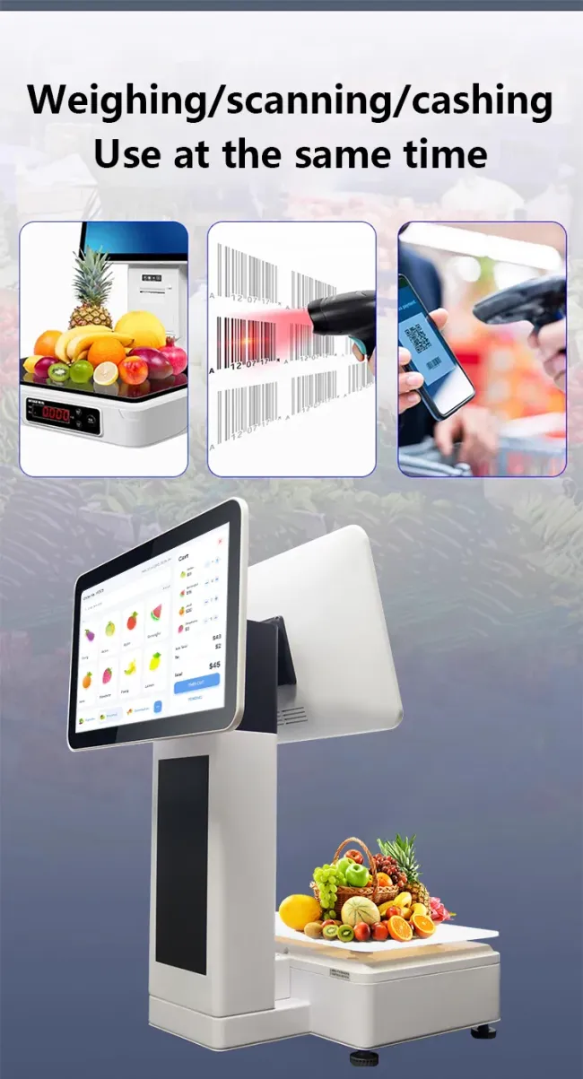 OEM Dual Screen Touch POS System with New Ai Digital electronic Weight Scale Electronic Cash Register and Fruit Weighing Printer