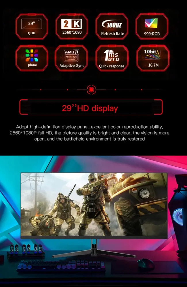 High Performance 29 Inch 2K Gaming Monitor RGB Lighting Wide Screen with 100Hz Refresh Rate for Gamers