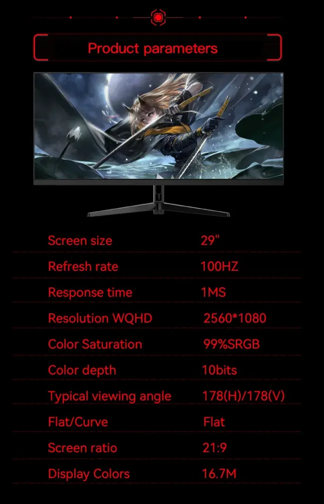 High Performance 29 Inch 2K Gaming Monitor RGB Lighting Wide Screen with 100Hz Refresh Rate for Gamers