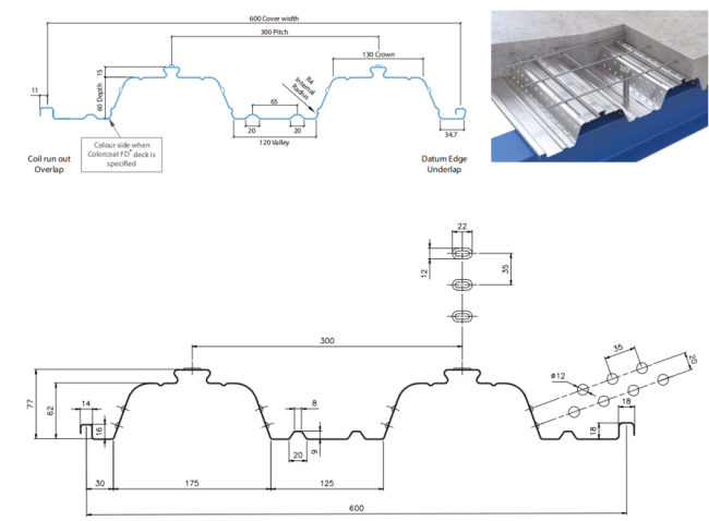 Composite metal floor decking profile