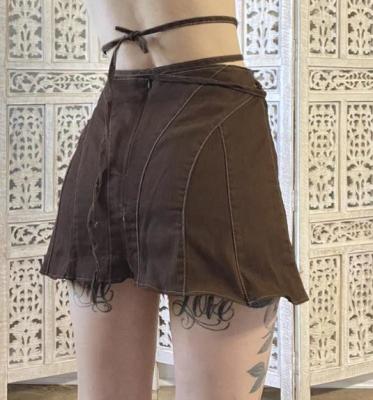 China Oem van het Denimbroekrokken van de Vrouwen van Kledingsfabrikanten Bruine Lace-Up Slanke het breed-Beenborrels Te koop