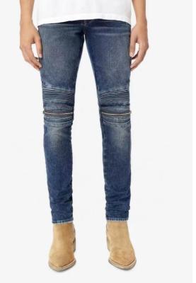 Cina Custom Apparel Supplier Men'S Blue Slim Fit Jeans Stretch Destroyed Ripped Skinny Jeans Knee Zipper Jeans in vendita