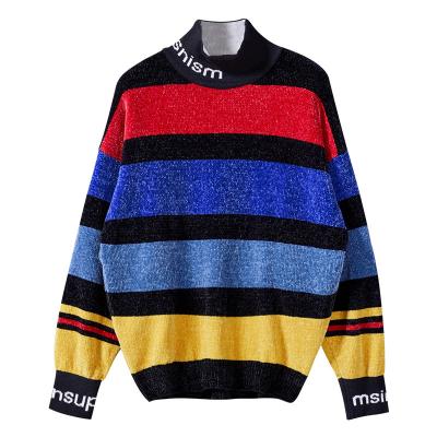 Cina l'arcobaleno di Drop Shoulder Graffiti del produttore di abbigliamento della piccola quantità ha barrato collo pigro della tartaruga dell'Istituto centrale di statistica della ciniglia del maglione il mezzo in vendita