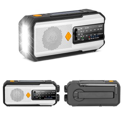China OEM Factory Price NOAA Weather Emergency Radio Speaker Solar 5000mAh Self Powered Hand Crank Survival Flashlight FM/AM/SW Bands for sale