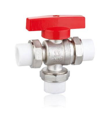 China Nickel Plated Three Way PPR Brass Radiator Ball Valve with Red Butterfly Handle for sale