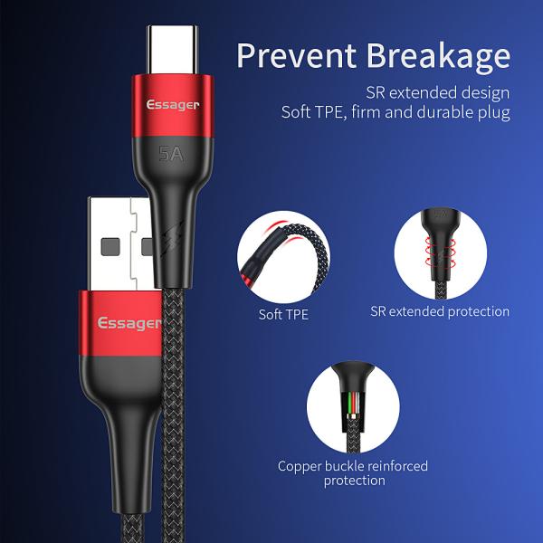 Quality Essager Scud Usb Type C Cable Fast Charging 5A 0.3M 1M 2M for Type C Devices for sale