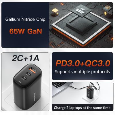 China Travel GaN PD Wall Charger 65w 3 USB Port USB A Type C Fast Charging for sale
