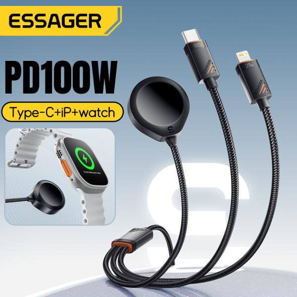 ESSAGER ES-X66 Serie 100W USB C a USB C + L + Cargador de reloj inalámbrico 3 en 1 cable