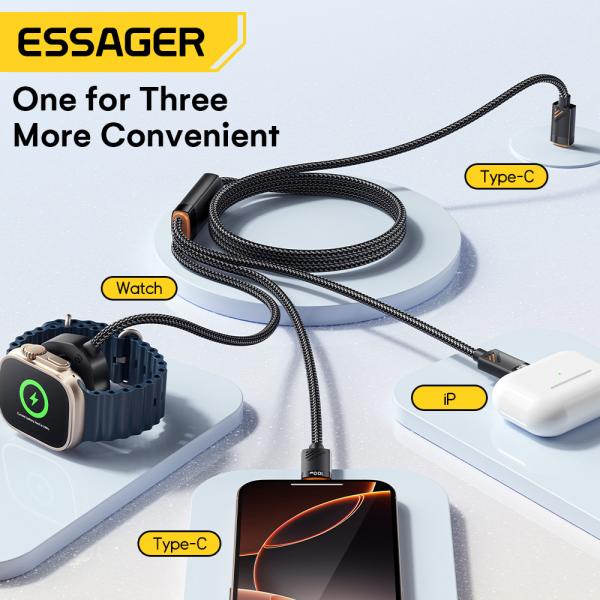 ESSAGER ES-X66 Serie 100W USB C a USB C + L + Cargador de reloj inalámbrico 3 en 1 cable