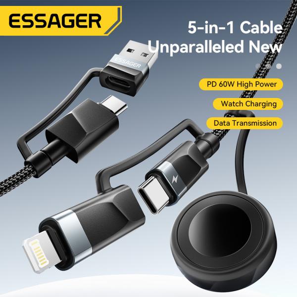 ESSAGER ES-X71 5 em 1 QC PD USB A/C para USB C/L Smart Watch Cable de carregamento de dados