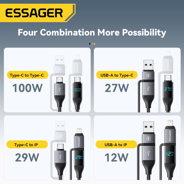 ESSAGER ES-X70 4 em 1 QC PD USB A/C para USB C/L Cable de carregamento de dados
