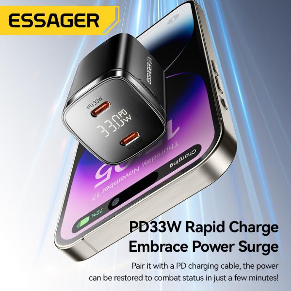 Quality ESSAGER ES-CD45 33W GaN Charger Dual USB C PD Charger for Power Supply Adapter for sale