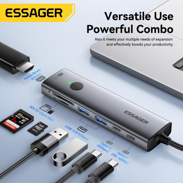 ESSAGER ES-HB03 Series 7 in 1 USB-C USB-A SD TF Port 3.0 Best USB Port Hub