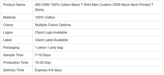 100% Cotton Black T Shirt Men Custom Casual Mock Neck Printed T Shirts