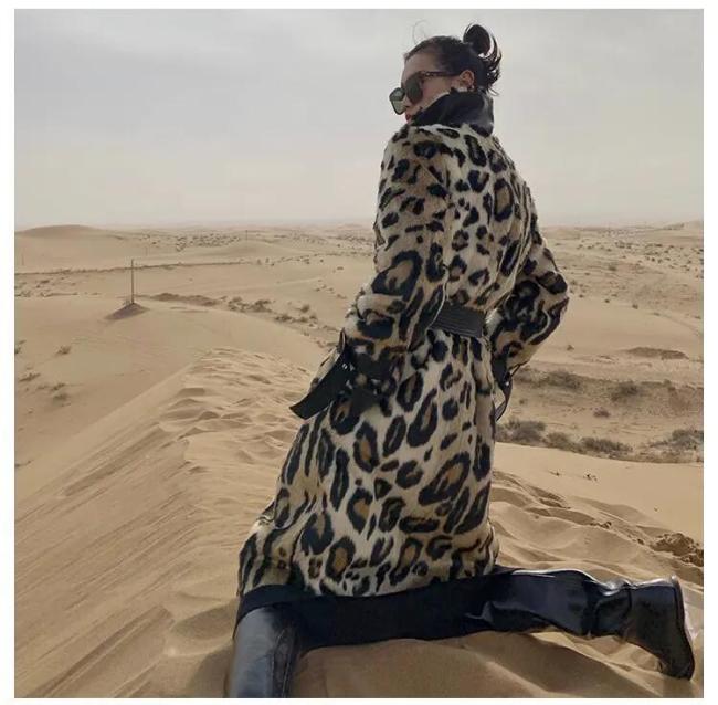 Long Faux Fur Leopard Trench Coat Trimmed Fur for Women in Winter Fur Long Line Leopard Print Winter Jacket