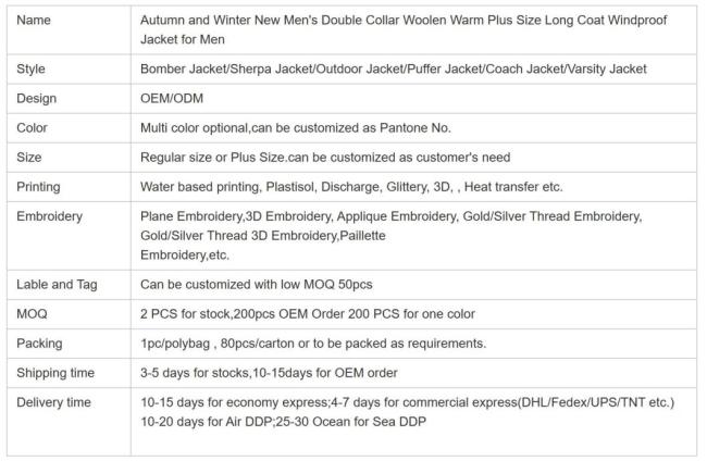Autumn and Winter New Men&prime;s Double Collar Woolen Warm Plus Size Long Coat Windproof Jacket for Men