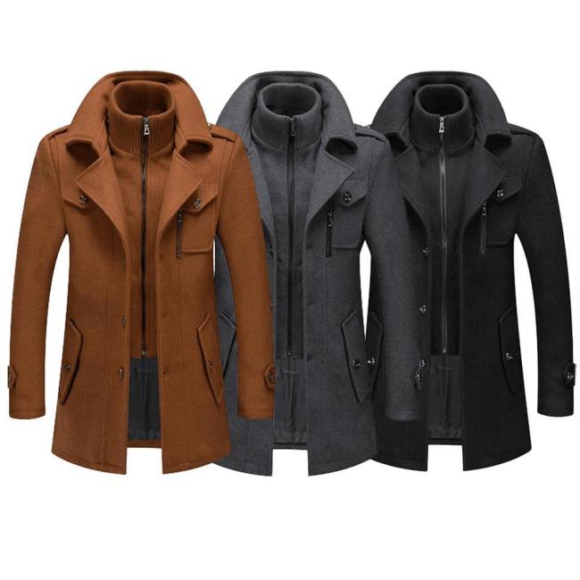 Autumn and Winter New Men&prime;s Double Collar Woolen Warm Plus Size Long Coat Windproof Jacket for Men