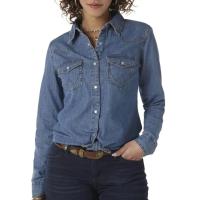 China Womens Denim Shirt Long Sleeve Button Down with Pockets Blouses for sale