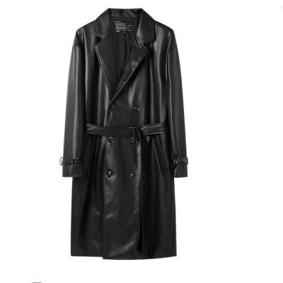 China Csutom Men Leather Long Black Hip Hop Double Breasted Trench Coat for sale