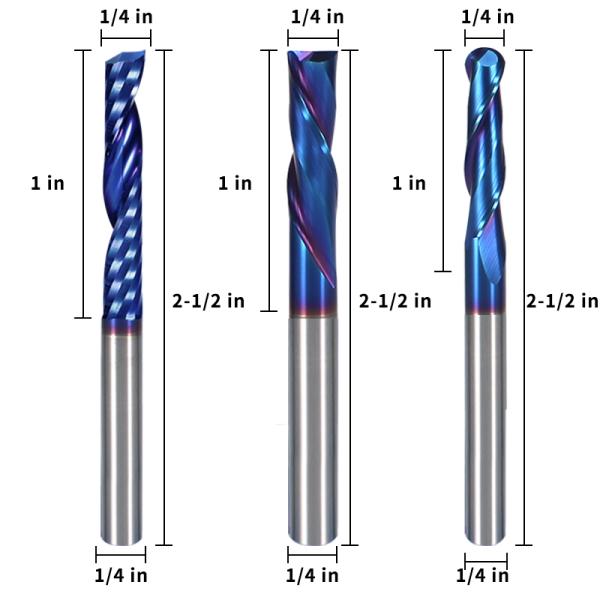 Quality 1/4*2-1/2 HRC65 2 Flute Nano Blue Coating CNC Router Bit Sets Solid Carbide for sale