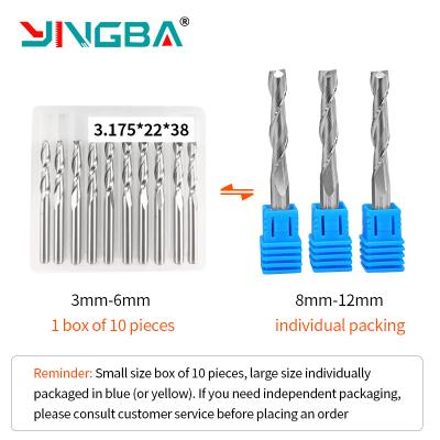 Cina YINGBA prezzo all'ingrosso Carburo solido 2 flauti tagliatore di fresatura a spirale Cnc pezzi di legno attrezzi di taglio in alto router pezzi di fine mulino in vendita