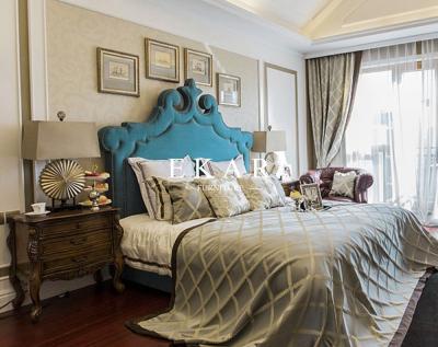 China Wooden Bed Models Blue Upholstered Headboard Royal King Size Bed for sale