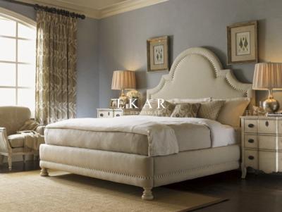 China Modern Bedroom Wooden Frame Beige Upholstered King Size Bed for sale