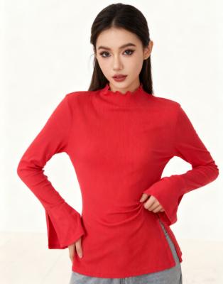 China Birth Year Red Long Sleeve Top - Ruffled Mock Neck Ribbed Knit with Split Cuffs for sale