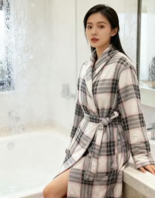 China Chic Plaid Fleece Robe with Self-Tie Belt - Cozy Home Style for sale