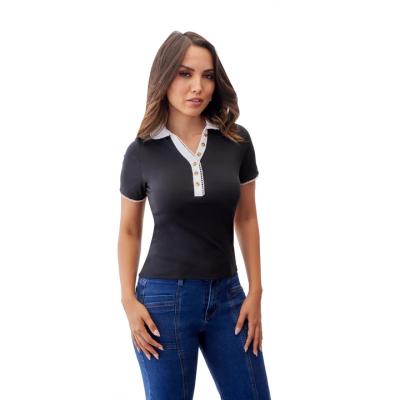 China Women's Black Contrast Lace Collar Ribbed Short Sleeve Top for sale