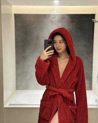 China Women's Red Hooded Fluffy Fleece Long Bathrobe for sale
