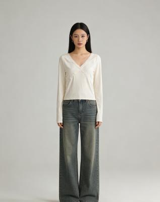 China Women's Cream Lace Trim Cross-Front Long Sleeve Crop Top for sale