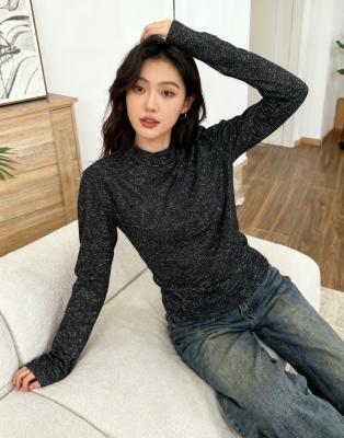 China Women's 2-Color Shiny Long-Sleeve Mock Neck Top for sale