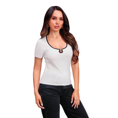 China Women's White Ribbed Keyhole T-Shirt with Gold Button for sale